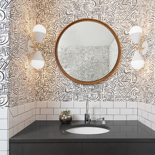 75 Beautiful Subway Tile Powder Room with Black Countertops Pictures ...