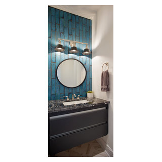 Powder room with dramatic blue tile backsplash - Modern - Powder Room ...