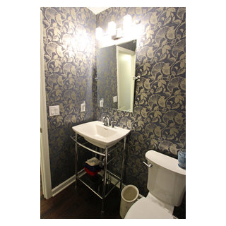 Transitional Powder Room with Metal Console Table Pedestal Sink ...