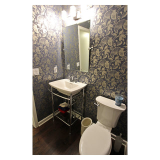 Transitional Powder Room with Metal Console Table Pedestal Sink ...