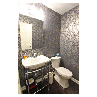 Transitional Powder Room with Metal Console Table Pedestal Sink ...
