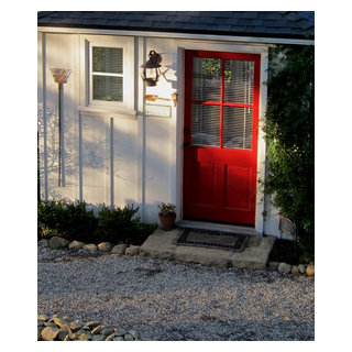 A Charming Red She Shed Front Door with Stone Landing Jeff Doubet Santa ...