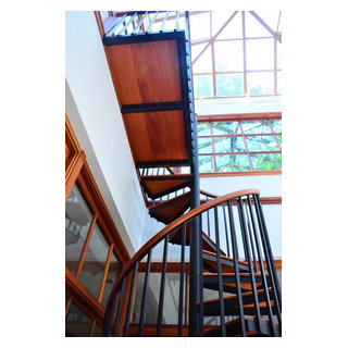 Elegant Steel Spiral Stair with Mahogany Tread, Rail, and Platform ...