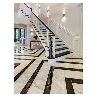 Inset Family Fireplace with Pattern Stone - Contemporary - Staircase ...