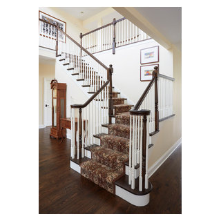 Traditional Open Stair with Painted Risers, Balusters, and Carpet ...