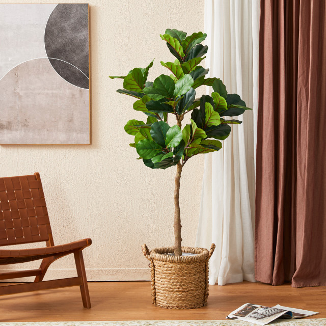5' Faux Fiddle Leaf Fig Tree in Pot - Traditional - Artificial Plants ...