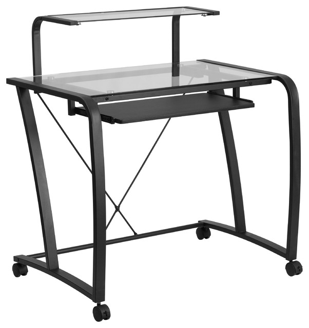 MFO Mobile Glass Computer Desk with Pull-Out Keyboard Tray and Monitor ...