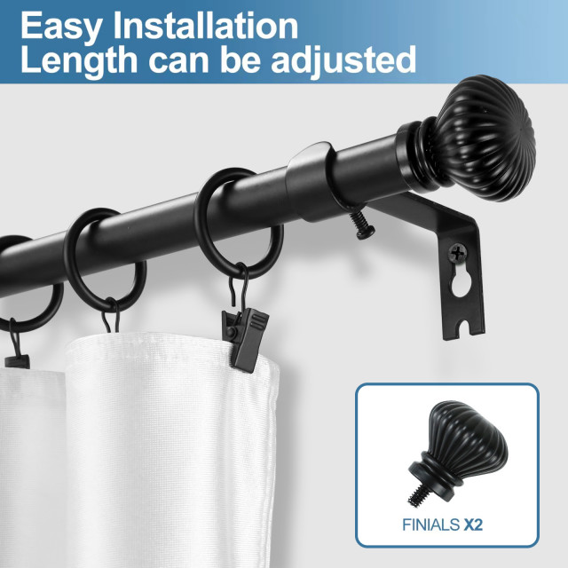Fluted Ball Adjustable Single Curtain Rod Set With Rings, 5/8", 48"-84 ...