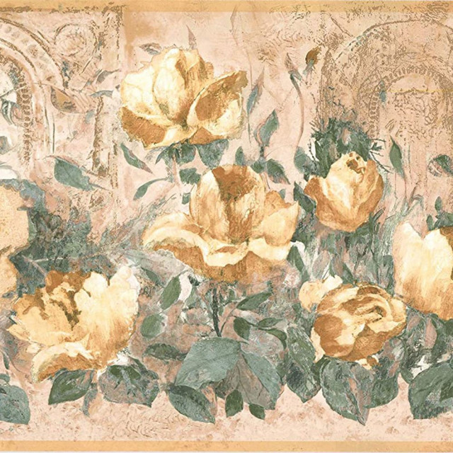 Classic Floral Wallpaper Border Yellow Green Beige 10.25"x15' Fr4998B ...
