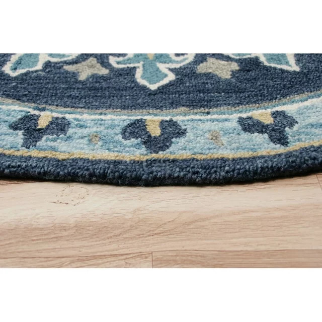 Bohemian Round Medallion Area Rug, Blue Wool with Floral Garden Motif ...