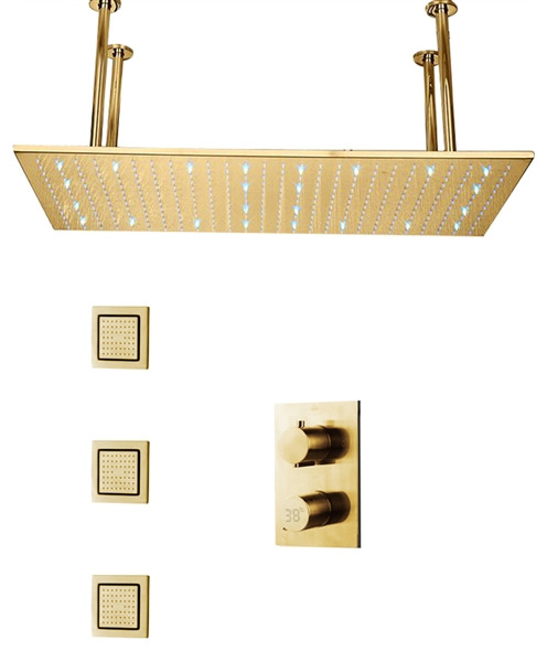Led 20 40 Digital Brushed Gold Rainfall Shower System And 3 Jetted