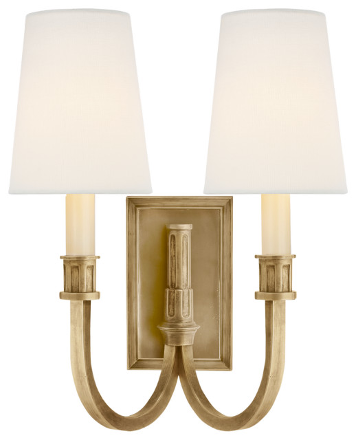 Modern Library Double Sconce in Hand-Rubbed Antique Brass with Linen ...