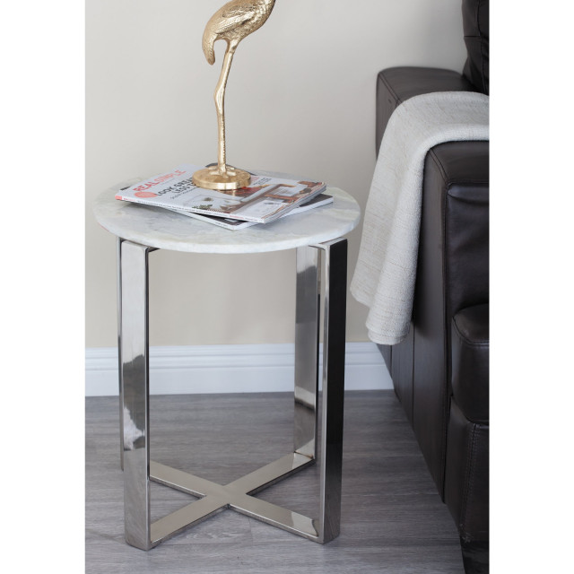 Modern Crossed Chrome End Table, Round Faux Marble Top, Minimalistic ...
