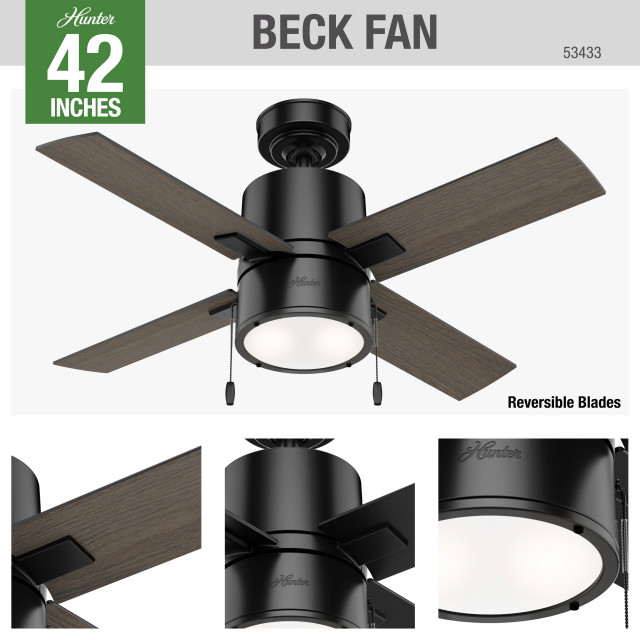 Hunter 42" Beck Matte Black Ceiling Fan With LED Light Kit and Pull ...