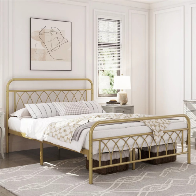 Unique Platform Bed, Metal Frame With Pedal Patterned Headboard, Full ...