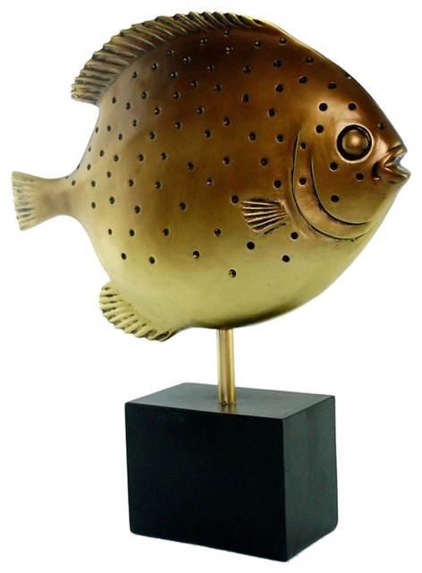Appealing Polyresin Fish On Base Sculpture, Gold And Bronze - Beach ...