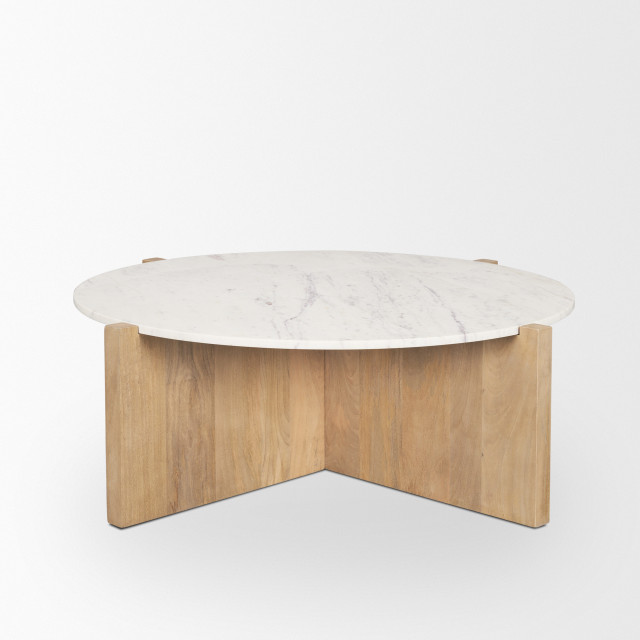 Bianca Light Brown Wood With Round Marble Top Coffee Table ...