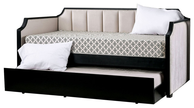 Fabric Upholstered Wooden Daybed with Vertical Tufting, Beige and Black ...
