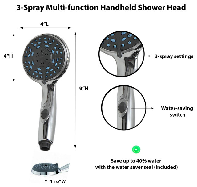 3-Spray Multi-Function Universal Handheld Shower Head Chrome ...