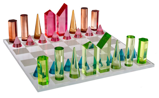Modern Chess Set Acrylic Chess Board 32 Colorful Pieces Unique Tabletop ...