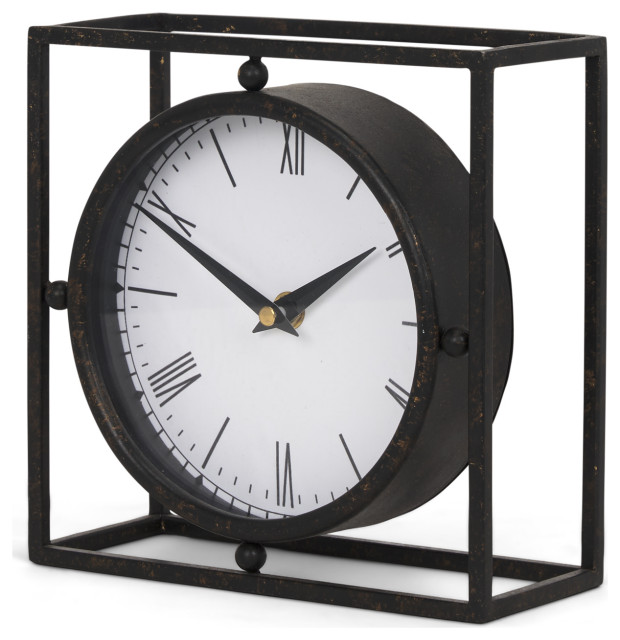 Raisa Black With Gold Antiquing Metal Table Clock - Industrial - Desk ...