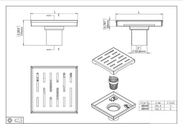 Shower Square Drain 4" Stripe Pattern Grate, Brushed Finish ...