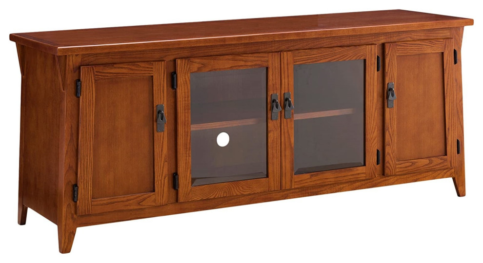 Contemporary TV Stand, Central Glass Doors With Adjustable Shelves, Oak ...