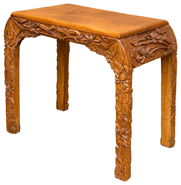 Vintage Floral Relief Carving Light Brown U Shape Stool Side Table ...