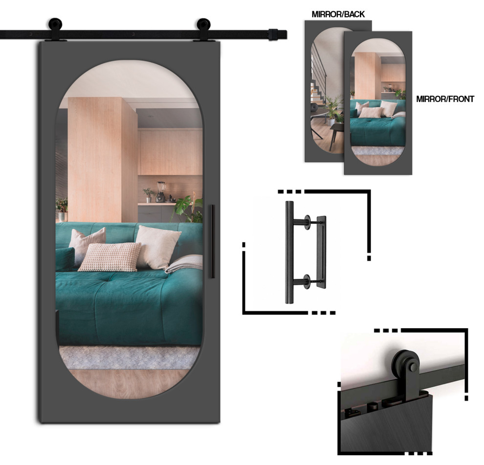 Mirrored Sliding Barn Door with Oval Shape Mirror Panel, 34"x81 ...