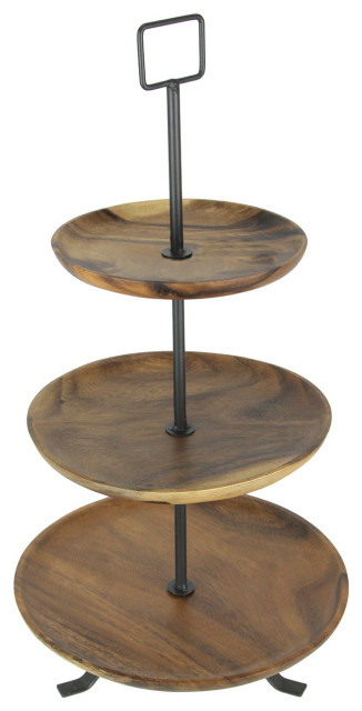 Rustic Round Wood Standing 3 Tiered Serving Tray - Transitional ...