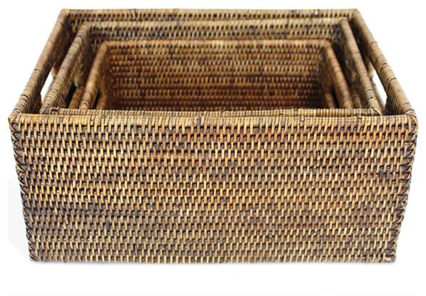 Rattan Rectangular Baskets With Handles, 3-Piece Set - Tropical ...