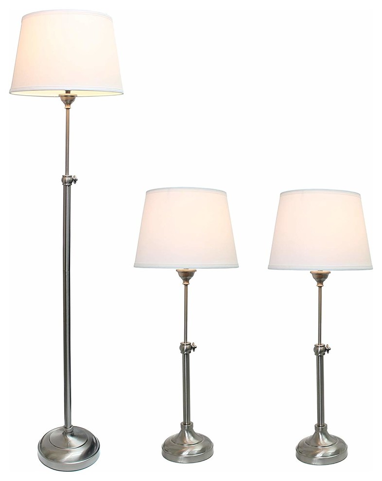 Brushed Nickel Adjustable 3-Pack Lamp Set, 2 Table Lamps, 1 Floor Lamp ...