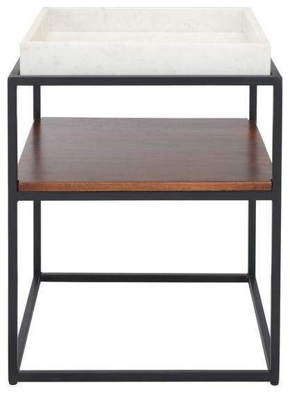 Aster Two Tier Accent Table, White Marble/Walnut/Black - Industrial ...