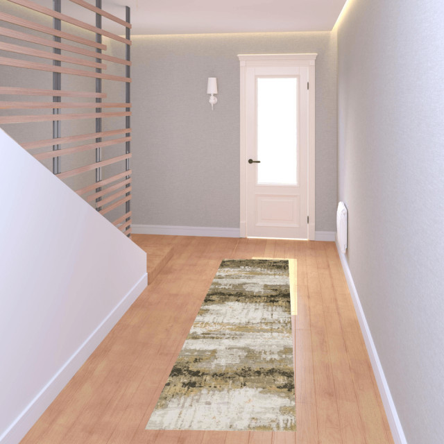 8' Grey Gold Black Charcoal And Beige Abstract Power Loom Runner Rug ...