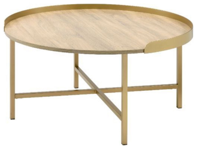 Coffee Table, Oak Table Top and Gold Finish - Contemporary - Coffee ...