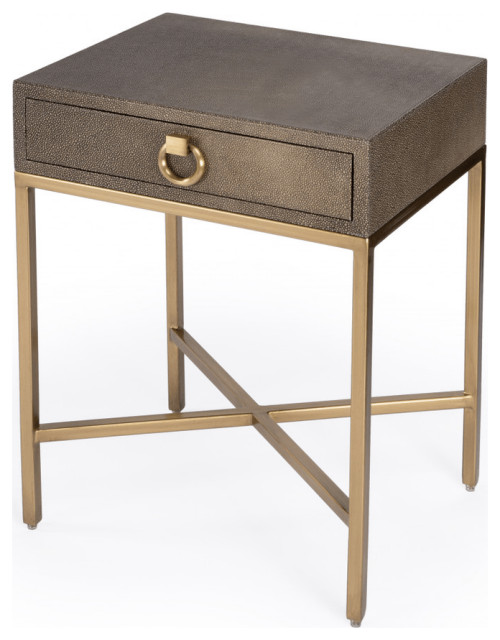 27" Gold and Brown Shagreen Faux Leather End Table With Drawer ...