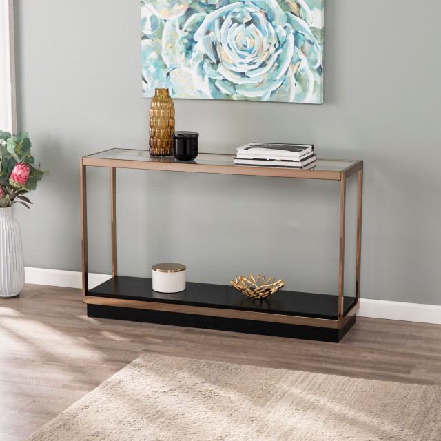 Transitional Console Table, Elegant Golden Frame With Black Display ...