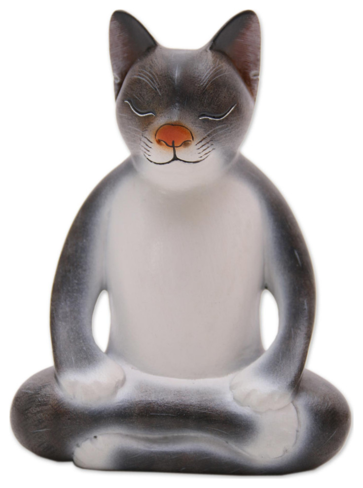 Novica Handmade Peaceful Kitty In Grey Wood Sculpture - Eclectic ...