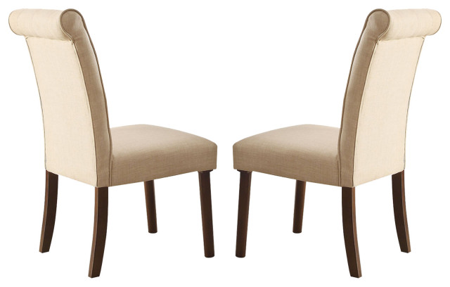 Set of 2 Beige Linen Upholstered Side Chair, Walnut Finish ...