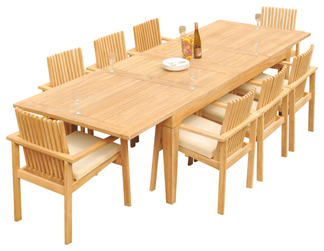 9-Piece Outdoor Teak Dining Set: 122" Rectangle Table 8 Clip Stacking Arm Chairs - Transitional ...