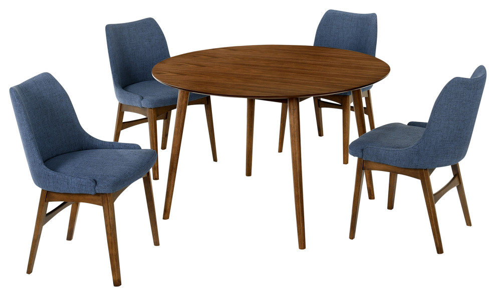 Arcadia and Azalea 48" Round Blue and Walnut Wood 5 Piece Dining Set ...