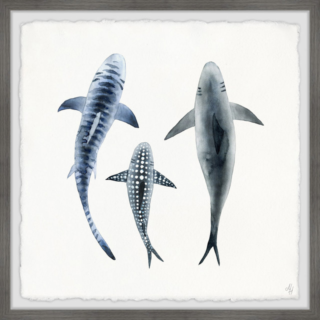 "Patterned Sharks" Framed Painting Print, 32"x32" - Beach Style ...