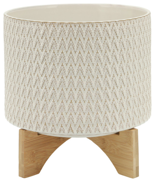 Ceramic 11" Chevron Planter On Stand, Ivory - Transitional - Indoor ...
