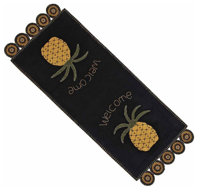 Pineapple Welcome Black 36" Wool Felt Table Runner by Raghu, 14" x 36 ...