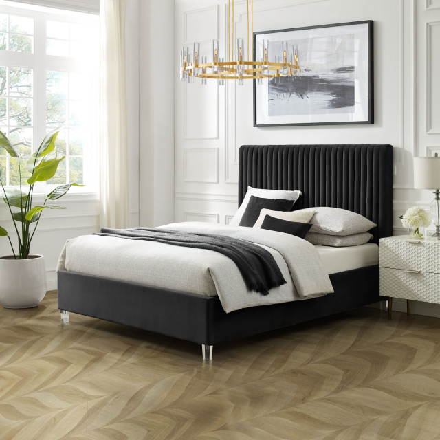 Inspired Home Shemar Bed, Velvet Upholstered Deep Channel Tufted, Queen ...