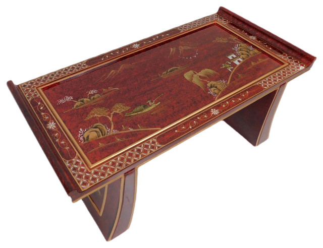 42" Oriental Shinto Coffee Table With Gold Landscape and Glass Top ...