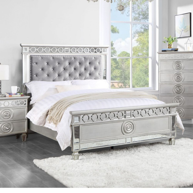 ACME Varian Full Bed, Gray Velvet, Silver and Mirrored Finish ...