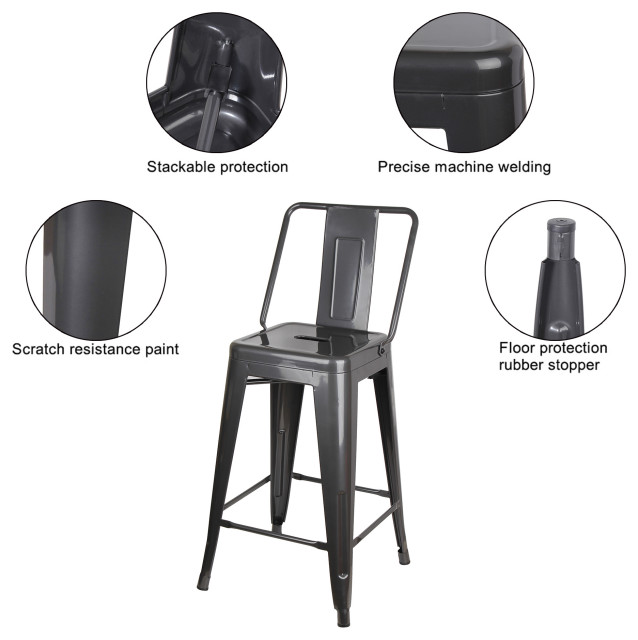 Highback Gungray Metal Bar Stools, Set of 3 - Industrial - Bar Stools ...