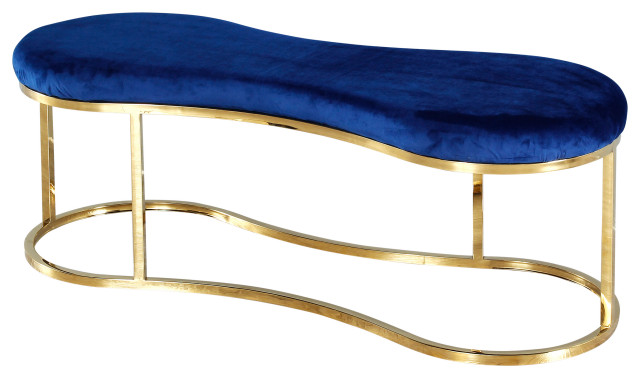 Fabric Upholstered Bench with Oblong Metal Frame, Blue and Gold ...