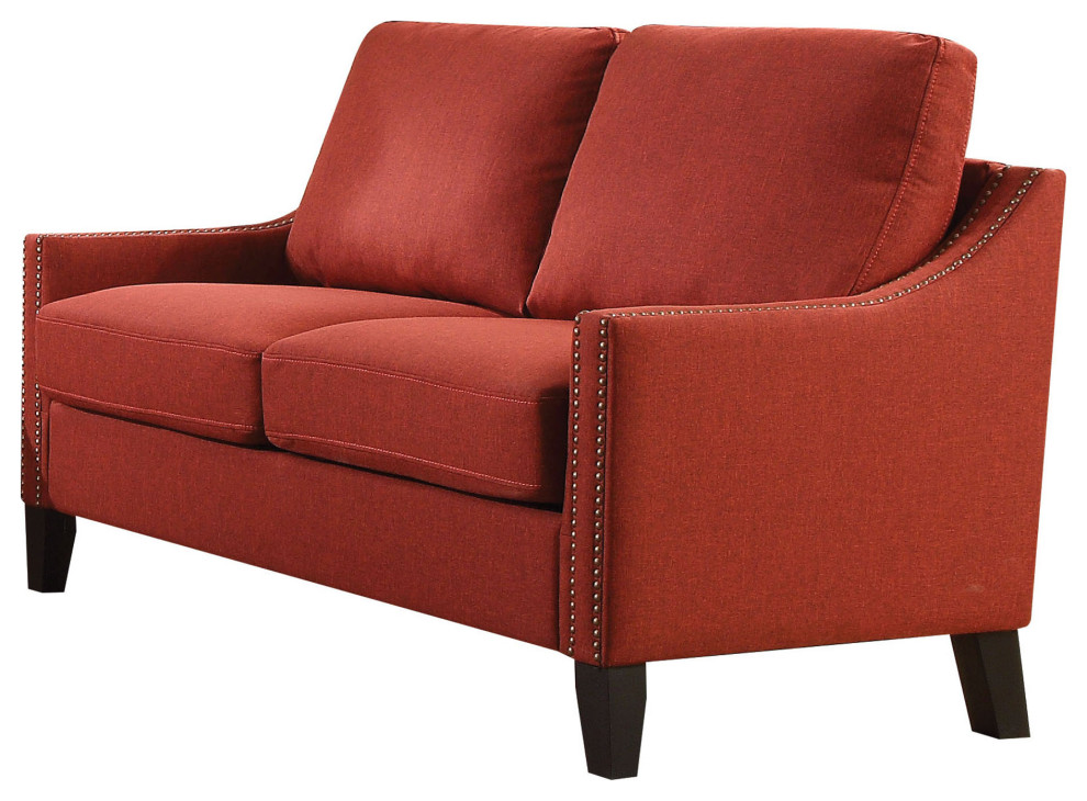 Fabric Upholstered Loveseat with Low Track Arms and Nailhead Trim, Red ...